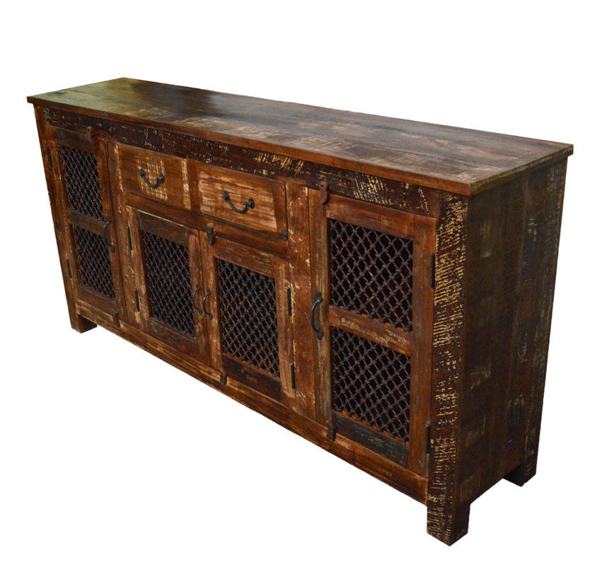 Reclaimed Wood Rustic Sideboard Buffet Table with Iron Grill – Favors Handicraft